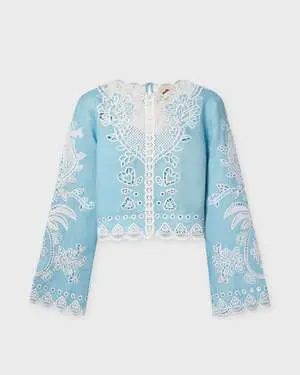 FARMRIO Farm Rio Romantic Richelieu Embroidered Linen Blouse