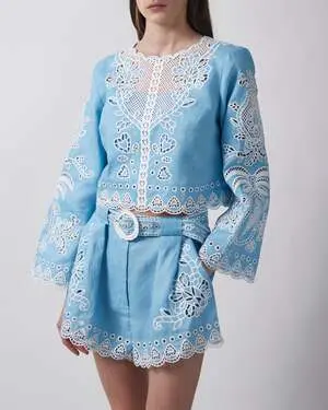 FARMRIO Farm Rio Romantic Richelieu Embroidered Linen Blouse