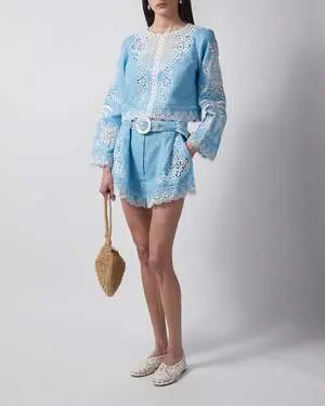 FARMRIO Farm Rio Romantic Richelieu Embroidered Linen Blouse