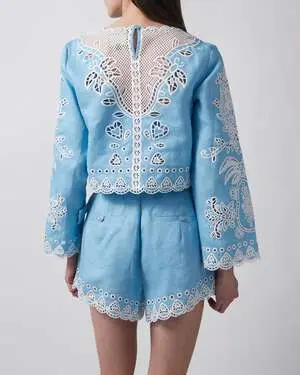 FARMRIO Farm Rio Romantic Richelieu Embroidered Linen Blouse