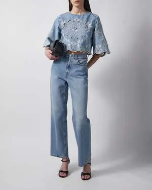 FARMRIO Cropped Richelieu Embroidered Blouse