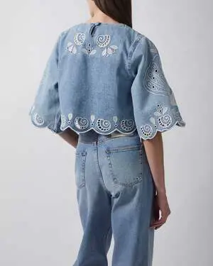 FARMRIO Cropped Richelieu Embroidered Blouse