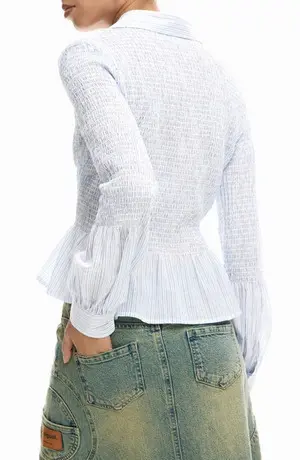 Desigual Stripe Smocked Peplum Button-up Shirt