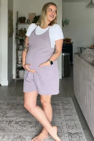 PINKBLUSH Solid Ribbed V-neck Sleeveless Front Pocket Romper