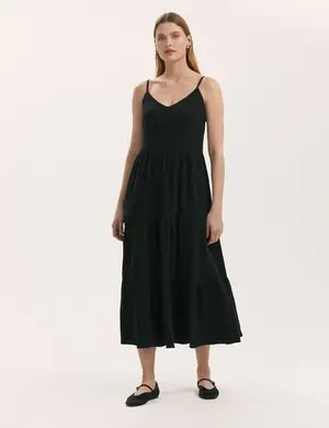 FINERY LONDON Emmie Cotton Strappy Midi Tiered Dress - Black