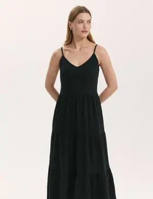 FINERY LONDON Emmie Cotton Strappy Midi Tiered Dress - Black