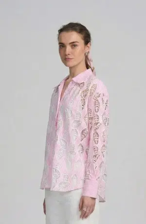 ELLE COLLECTION Lace Striped Shirt - Pink Multi