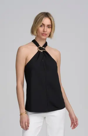 ELLE COLLECTION Woven Halter Hardware Top - Black
