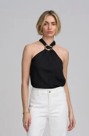 ELLE COLLECTION Woven Halter Hardware Top - Black