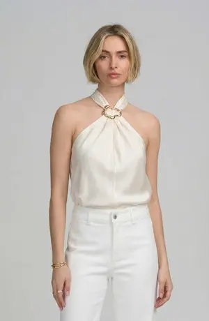 ELLE COLLECTION Woven Halter Hardware Top - Ivory