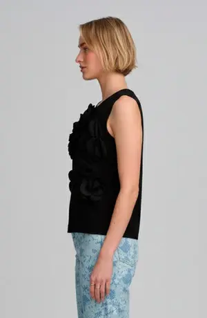 ELLE COLLECTION Floral Applique Shell - Black