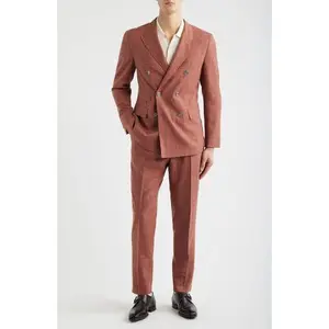 BOSS Heston Slim Fit Brown Slub Wool Blend Peak Lapel Double Breasted Suit