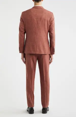 BOSS Heston Slim Fit Brown Slub Wool Blend Peak Lapel Double Breasted Suit
