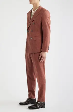 BOSS Heston Slim Fit Brown Slub Wool Blend Peak Lapel Double Breasted Suit