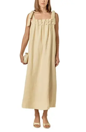 English Factory Faux-pearl Linen Midi Sundress - Natural