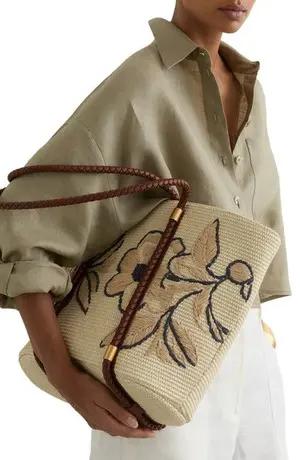 REISS Rae Embroidered Straw Tote
