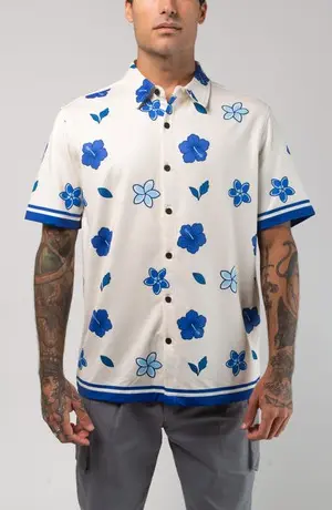 VAST Aqua Terra Floral Dream Tech Short Sleeve Performance Button-up Shirt - Sand Multi