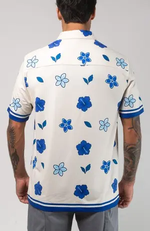 VAST Aqua Terra Floral Dream Tech Short Sleeve Performance Button-up Shirt - Sand Multi