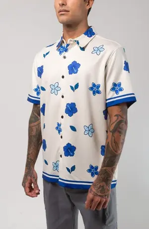 VAST Aqua Terra Floral Dream Tech Short Sleeve Performance Button-up Shirt - Sand Multi