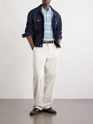 BEAMS Striped Knitted Cotton Polo Shirt - Blue