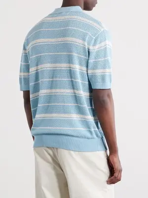 BEAMS Striped Knitted Cotton Polo Shirt - Blue