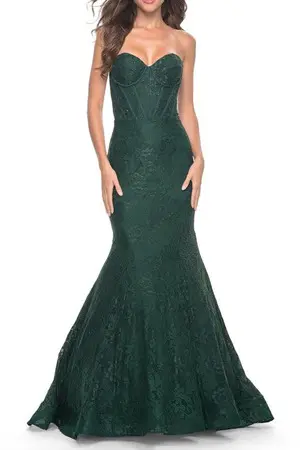 La Femme Mermaid Lace Gown With Bustier Top - Dark Emerald