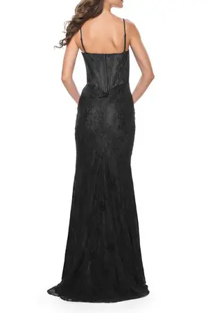 La Femme Stretch Lace Fitted Dress With Bustier Top - Black
