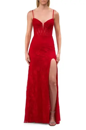 La Femme Stretch Lace Fitted Dress With Bustier Top - Red