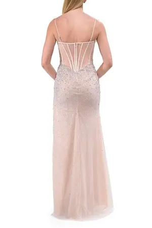 La Femme Fitted Net Dress With Rhinestones And U Slit - Blush