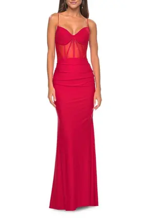 La Femme Jersey Dress With Illusion Waist And Bustier Top - Red
