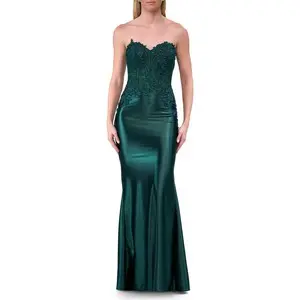 La Femme Sleeveless Strapless Satin Gown With Lace Top - Emerald