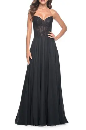 La Femme Strapless Chiffon Gown With Lace Bodice - Black