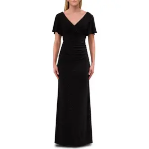 La Femme Flutter Sleeve Rhinestone Embellished Evening Dress - Black