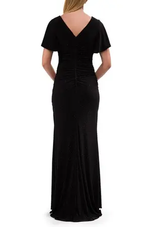 La Femme Flutter Sleeve Rhinestone Embellished Evening Dress - Black