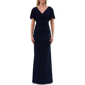 La Femme Flutter Sleeve Rhinestone Embellished Evening Dress - Navy
