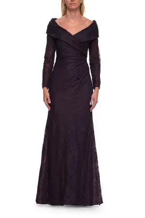 La Femme Lace Long Sleeve V-neck Evening Gown - Eggplant