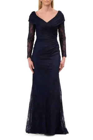 La Femme Lace Long Sleeve V-neck Evening Gown - Navy