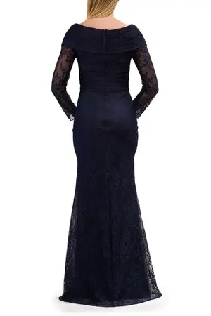 La Femme Lace Long Sleeve V-neck Evening Gown - Navy