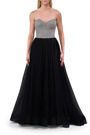 La Femme Rhinestone Tulle A-line Dress - Black