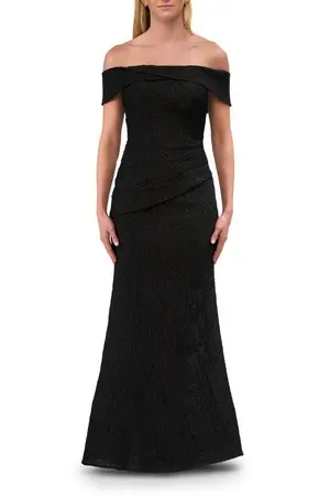 La Femme Off-the-shoulder Textured Gown - Black