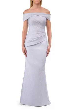 La Femme Off-the-shoulder Textured Gown - Light Blue
