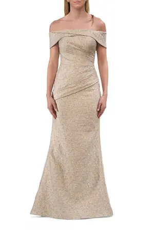 La Femme Off-the-shoulder Textured Gown - Pewter