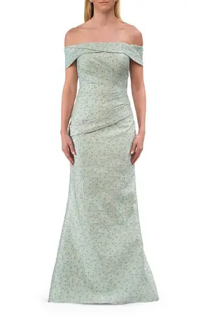 La Femme Off-the-shoulder Textured Gown - Sage