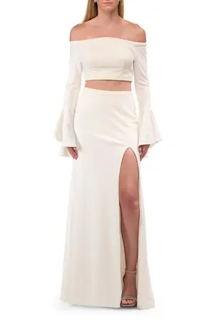La Femme Off-the-shoulder Two-piece Dress With Flared Sleeves - Ivory