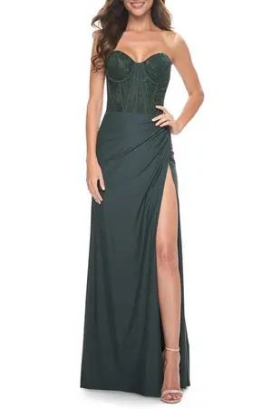 La Femme Lace Bustier Strapless Column Gown - Emerald