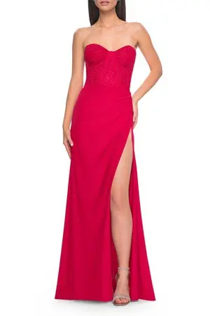 La Femme Lace Bustier Strapless Column Gown - Red