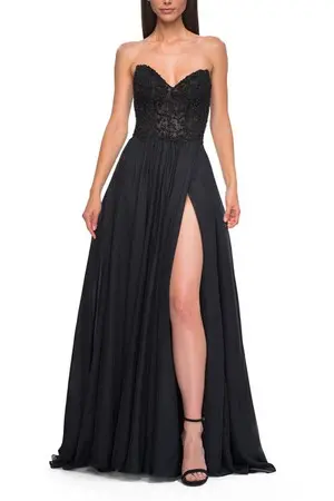 La Femme Chiffon Gown With Lace Top - Black