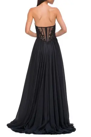 La Femme Chiffon Gown With Lace Top - Black