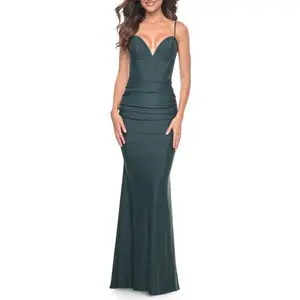 La Femme Jersey Bustier Dress With Illusion Back - Dark Emerald