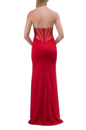 La Femme Fitted Jersey Gown With Rhinestone Neckline - Red